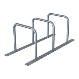 Schake Fahrradanlehnständer drei Anlehnbügeln, Ø48mm verschweißt auf Flacheisen 100x8mm, 1800mm lang (422_30)