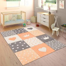 Paco Home Kinderteppich »Cosmo 339« rechteckig 16 mm Höhe Kurzflor, Pastell-Farben, 3D-Effekt, Motiv Herz, Punkte & Krone apricot Obermaterial:...