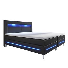Juskys Boxspringbett Norfolk 180 x 200 cm &ndash; LED Beleuchtung, Bonell-Matratzen & Topper - schwarz