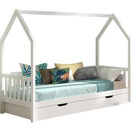 Hausbett Vipack "Cabane, mit Dachaufbau, Bettschublade auf Rollen u. Sprossenumrandung", weiß (weiß, weiß, weiß), B:98cm H:169cm L:208cm, Betten, sehr stabil und standfest gebaut inkl. Massivholz Rolllattenrost