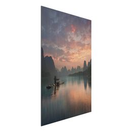 Bilderwelten Alu Dibond Outdoor Bild Natur pastell Motiv wetterfest - Sonnenaufgang &uuml;ber chinesischem Fluss - Boot Schiff & U-Boot Wohnzimmer Schlafzimmer