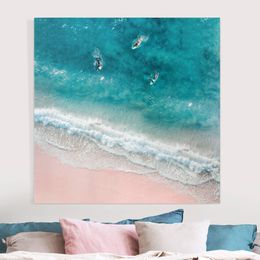 Bilderwelten Leinwandbild Strand Motiv Kunstdruck t&uuml;rkis - Drei Surfer paddeln zum Ufer - Landschaft XXL Wohnzimmer Schlafzimmer