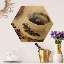 Bilderwelten Hexagon-Alu-Dibond Bild Dampfende Kaffeetasse mit Kaffeebohnen