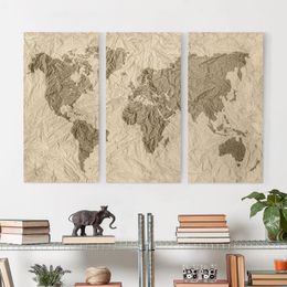Bilderwelten 3-teiliges Leinwandbild - Querformat Papier Weltkarte Beige Braun