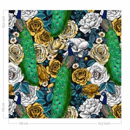 Bilderwelten Vorhang Pfau mit Bl&uuml;ten - blickdichte Gardine Blumen Floral Botanik Tropical Illustration Muster Tiere Wohnzimmer Schlafzimmer K&uuml;che Bad Badezimmer