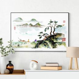 Wechselbild Japanische Aquarell Zeichnung See und Berge