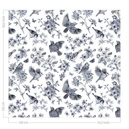 Vorhang Blaumeisen in Blauschwarz - blickdichte Gardine Landhausstil Muster Blumen Floral Tiere Wohnzimmer Schlafzimmer K&uuml;che Bad Badezimmer Blau