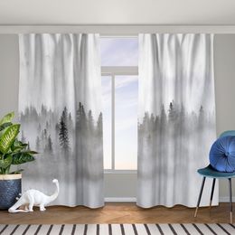 Bilderwelten Vorhang Nebel im Tannenwald Schwarz-Weiß - blickdichte Gardine Wald Bäume Natur Schwarz-Weiß Wohnzimmer Schlafzimmer Küche Bad Badezimmer Schwarz/Weiß