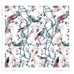 Bilderwelten Vorhang Rosa Blumenranken mit V&ouml;geln in Blau - blickdichte Gardine Landhausstil Muster Blumen Floral Tiere Wohnzimmer Schlafzimmer K&uuml;che Bad