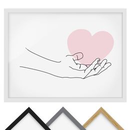 Bilderwelten Bild mit Rahmen - Querformat Hand mit Herz Line Art