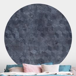 Bilderwelten Runde Tapete Vliestapete Shabby Fliesenoptik blau - Geometrisches Vintage Muster mit Ornamenten Blau - Geometrisch Wohnzimmer Schlafzimmer
