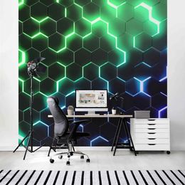 Bilderwelten Fototapete Strukturierte Hexagone mit Neonlicht in Gr&uuml;n und Blau - Jugendzimmer - Strukturierte Hexagone mit Neonlicht Gamer Room Tapete Neon Schwarz