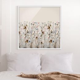 Bilderwelten Bild mit Rahmen Blumen beige Vintage inkl. Rahmung - Wilde Trockenblumenwiese - Blumenwiese Wohnzimmer Schlafzimmer