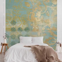 Bilderwelten Fototapete originell Vintage Wandtapete gold - Marokkanische Collage in Gold und T&uuml;rkis II - Ornamente Wohnzimmer Schlafzimmer