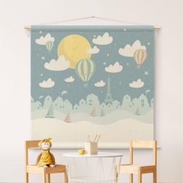 Bilderwelten Wandteppich blau Illustration Stoffbild - Paris mit Sternen und Hei&szlig;luftballon - Wandbild Kinderzimmer Baby M&auml;dchen Jungen