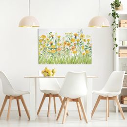 Bilderwelten Leinwandbild Blumen Illustration Aquarell gr&uuml;n - Aquarellierte Blumenwiese in Gelb - Blumenwiese XXL Wohnzimmer Schlafzimmer