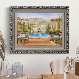 Bilderwelten Leinwandbild mit Barockrahmen Traumhafter Garten mit Ausblick auf die Berge