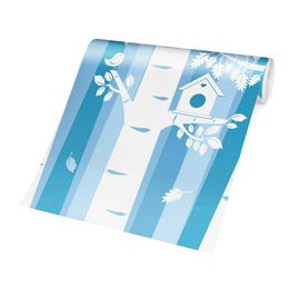 Fototapete B&auml;ume im Wald Blau - Vliestapete nach Ma&szlig; Illustration Kinder Wald B&auml;ume Kinderzimmer Jungen Jungenzimmer M&auml;dchen M&auml;dchenzimmer Baby