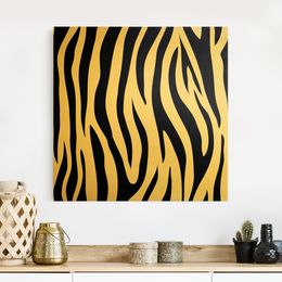 Leinwandbild Gold Zebra Print - Wandbilder XXL Print Illustration Tiere Wohnzimmer Jugendzimmer Gold