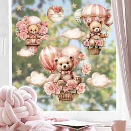 Bilderwelten Fensterfolie Tiere Illustration Aquarell rosa - Ballon Teddy Set mit Rosa Bl&uuml;ten - Ballon Kinderzimmer Baby M&auml;dchen Jungen