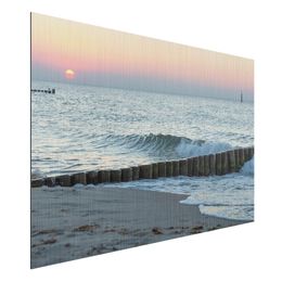 Bilderwelten Alu Dibond Outdoor Bild Strand blau Motiv wetterfest - Sonnenuntergang am Meer - Sonnenuntergang Wohnzimmer Schlafzimmer