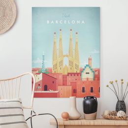 Bilderwelten Leinwandbild Henry Rivers Vintage Kunstdruck Reiseposter - Barcelona - Leinwanddruck Hochformat Wandbild moderne Bilder auf Leinwand Flur