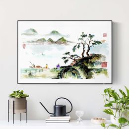 Akustik-Wechselbild Japanische Aquarell Zeichnung See und Berge
