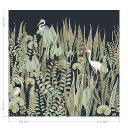 Bilderwelten Vorhang Flamingo und Storch mit Pflanzen auf Gr&uuml;n - blickdichte Gardine Botanik Tropical Illustration Tiere Wohnzimmer Schlafzimmer K&uuml;che Bad