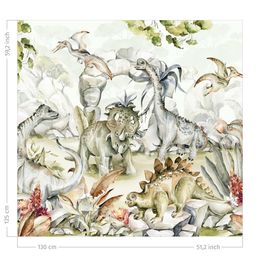 Vorhang Welt der Dinosaurier - blickdichte Gardine Aquarell Kinder Kunstdruck Tiere Kinderzimmer Baby Babyzimmer Jungen Jungenzimmer Gr&uuml;n