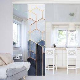 Bilderwelten Schiebegardine originell Abstrakt Aquarell blau - Goldene Sechsecke Blau Weiß - Geometrisch Schiebevorhang Wohnzimmer Schlafzimmer