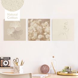 Bilderwelten Leinwandbild Blumen Line Art Kunstdruck beige - Ginko Line Art & Bl&uuml;tentr&auml;ume - Wandbild XXL Wohnzimmer Schlafzimmer
