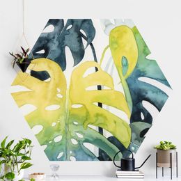 Hexagon Fototapete selbstklebend Tropisches Blattwerk - Monstera