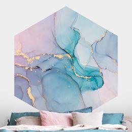 Bilderwelten Hexagon Tapete originell modern Aquarell pastell - Aquarell Pastell T&uuml;rkis mit Gold - Deko Wohnzimmer Schlafzimmer