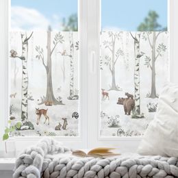 Bilderwelten Fensterfolie Wald modern Aquarell weiss - Leiser wei&szlig;er Wald mit Tieren - B&auml;ume Wohnzimmer Schlafzimmer K&uuml;che