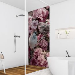 Bilderwelten Duschr&uuml;ckwand Tiere modern rosa fugenlose Wandverkleidung - Blumenparadies Spatzen in Altrosa - Rose Wandpaneel Bad