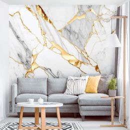 Bilderwelten Fototapete Vliestapete Fotomontage Steinoptik schwarz weiss - Wei&szlig;er Marmor mit Goldeffekt - Beton Wohnzimmer Schlafzimmer