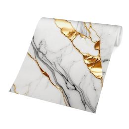 Bilderwelten Fototapete Vliestapete Fotomontage Steinoptik schwarz weiss - Wei&szlig;er Marmor mit Goldeffekt - Beton Wohnzimmer Schlafzimmer