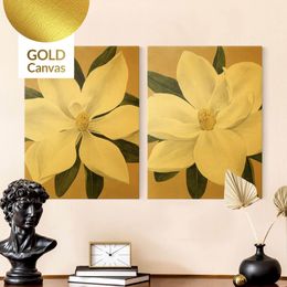 Bilderwelten Leinwandbild Blumen modern Kunstdruck beige - Magnolien auf Gold - Wandbild XXL Wohnzimmer Schlafzimmer