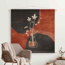 Bilderwelten Wandteppich Blumen braun Illustration Stoffbild - Boho Blumen in Vase - Wandbild Wohnzimmer Schlafzimmer