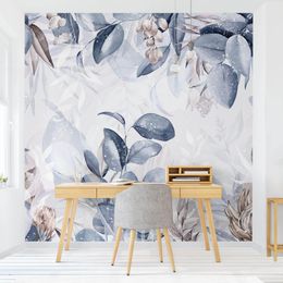 Bilderwelten Fototapete Botanik in Pastell Blau & Beige - Wohnzimmer Schlafzimmer - Vliestapete inkl. Kleister oder selbstklebend - Dschungel - modern - lila beige
