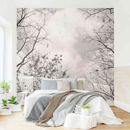 Bilderwelten Fototapete Baumkronen im Himmel in Warmgrau - schwarz-wei&szlig; Vliestapete inkl. Kleister oder selbstklebende Tapete nach Ma&szlig; - Wohnzimmer - Schlafzimmer