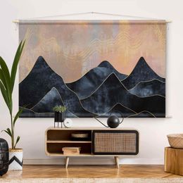 Bilderwelten Wandteppich originell blau Abstrakt Aquarell - Goldene D&auml;mmerung &uuml;ber Gebirge - Wandbild Wohnzimmer Schlafzimmer