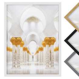 Bild mit Rahmen Moschee in Gold - gerahmte Wandbilder Print Muster Spirituell Skyline Stadt Wohnzimmer Schlafzimmer K&uuml;che Flur Esszimmer Wei&szlig;