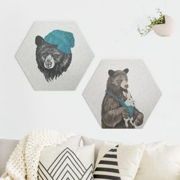 Bilderwelten Alu-Dibond Bild Hexagon Tiere weiss Pop Art - B&auml;ren Paar - B&auml;r Wohnzimmer Schlafzimmer