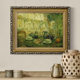 Gerahmtes Leinwandbild Henri Le Sidaner - Kaffeegeschirr auf einem Steintisch