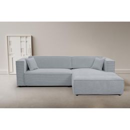WERK2 Ecksofa »Atlanta-New, modernes Design, Stellmaße 280x147cm, L-Form, Kedernaht« hoher Komfort, Schlaffunktion & Bettkasten, Cord, Grau Grau