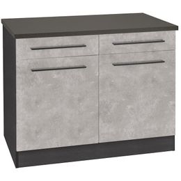 KOCHSTATION Unterschrank »KS-Tulsa« 100 cm breit, 2 Schubkästen, 2 Türen, schwarzer Metallgriff, MDF Front betonfarben hell grafit