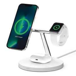Belkin Wireless Charger »drahtloses 3-in-1 MagSafe Ladegerät« inkl. Netzteil kompatibel für iPhone der Serie 15/14/13/12, für iPhone, Apple Watch...