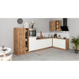 KOCHSTATION Winkelküche »KS-Bruneck« Stellbreite 380/180 cm breit, Ceran oder Induktionskochfeld, MDF Küche: weiß + Front: wotaneiche/weiß Matt +...