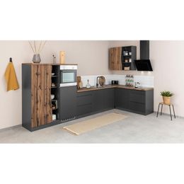 KOCHSTATION Winkelküche »KS-Bruneck« Stellbreite 380/180 cm breit, Ceran oder Induktionskochfeld, MDF Küche: grau + Front: wotaneiche/grau Matt +...